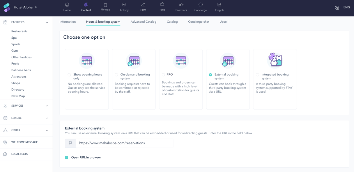 How to set up the external booking system for a spa