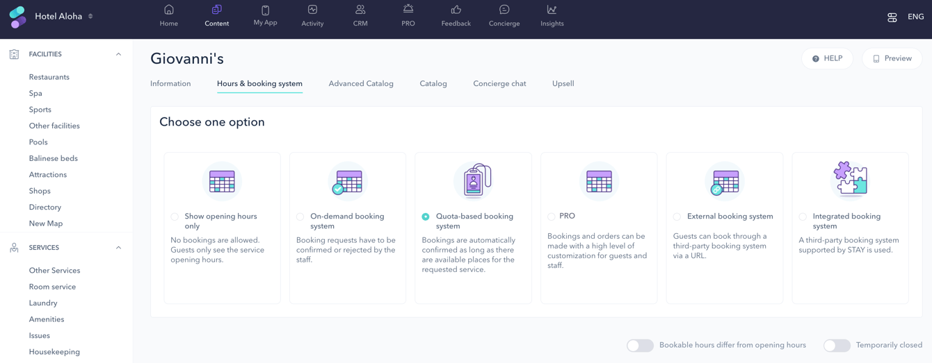 How to set up the quota-based booking system for a restaurant