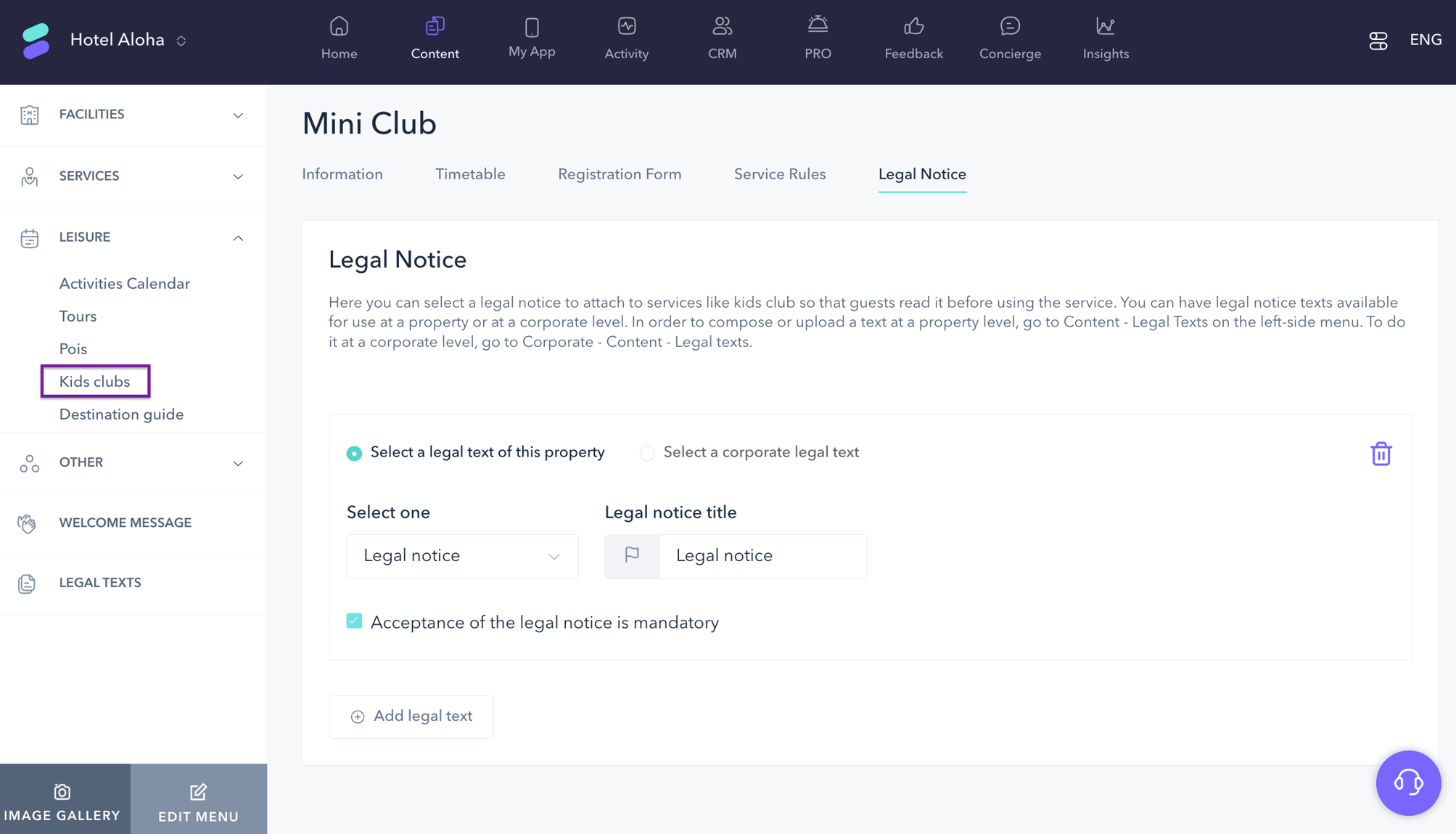 How to create a legal notice and attach it to a kids club