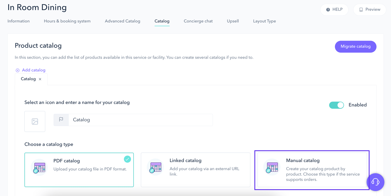 How to add a room service catalog using the regular catalog