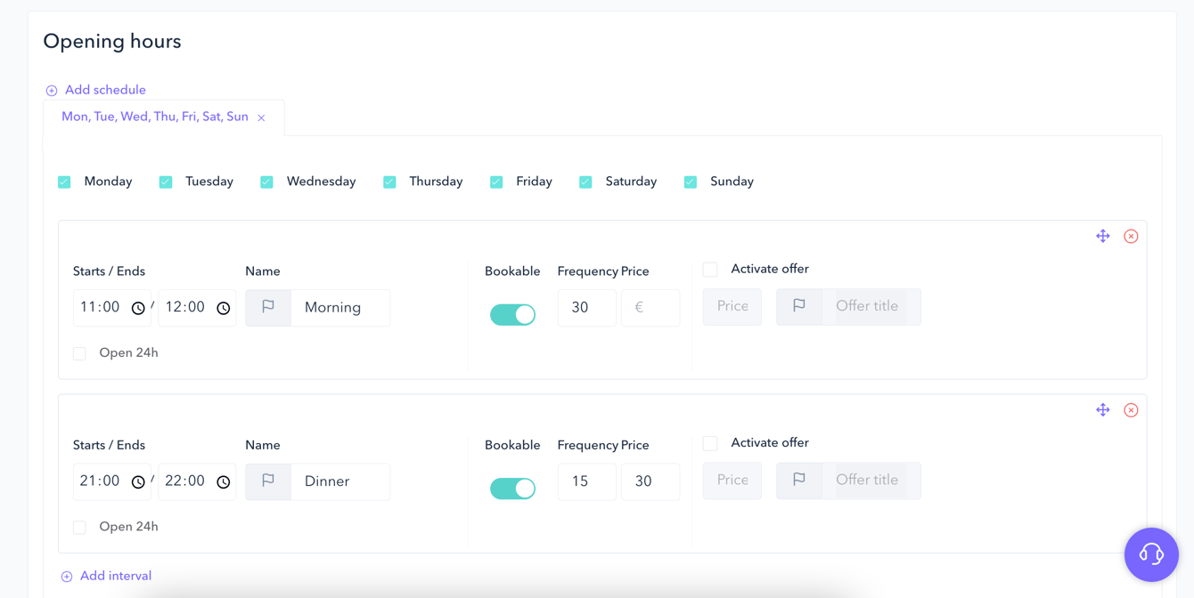 How to set the opening hours and booking system for a room service